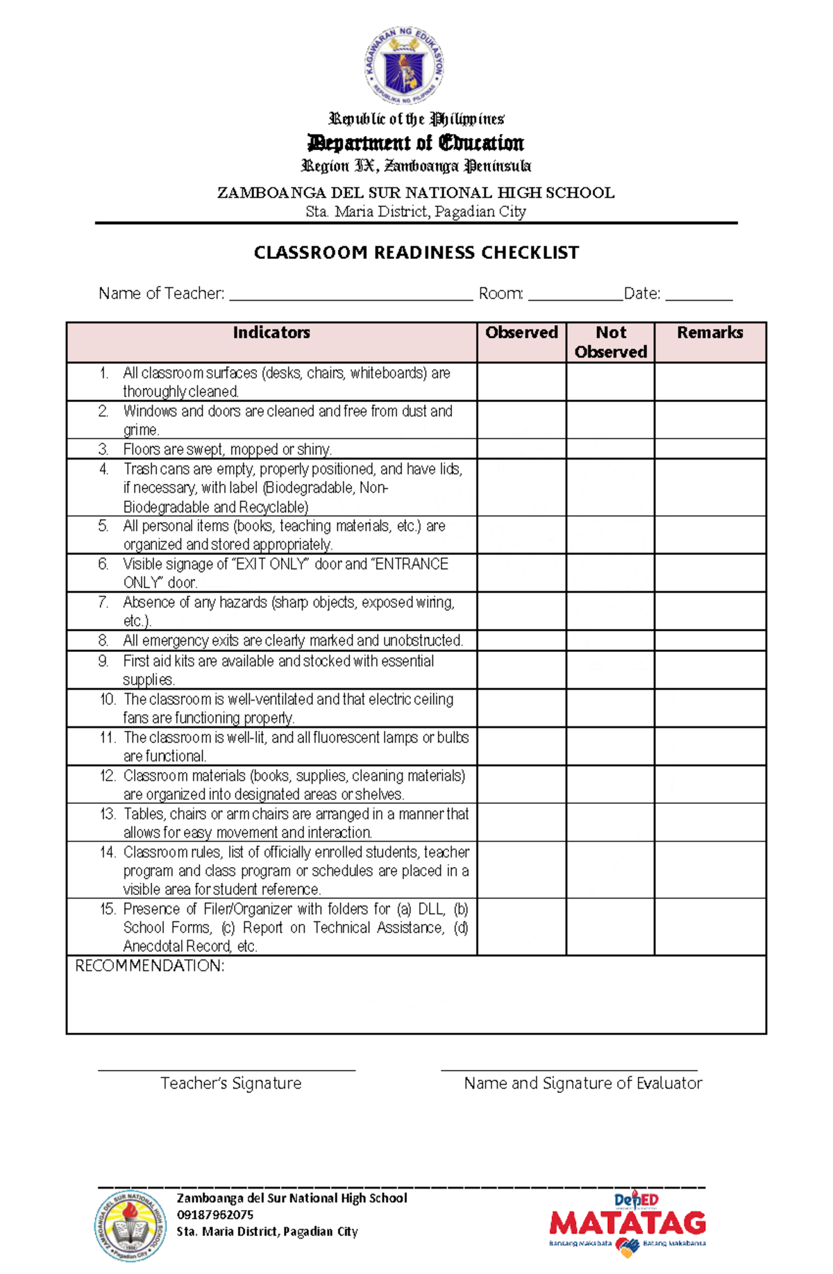 Classroom Readiness Checklist for ZSNHS SHS 2025 Evaluation - Studocu