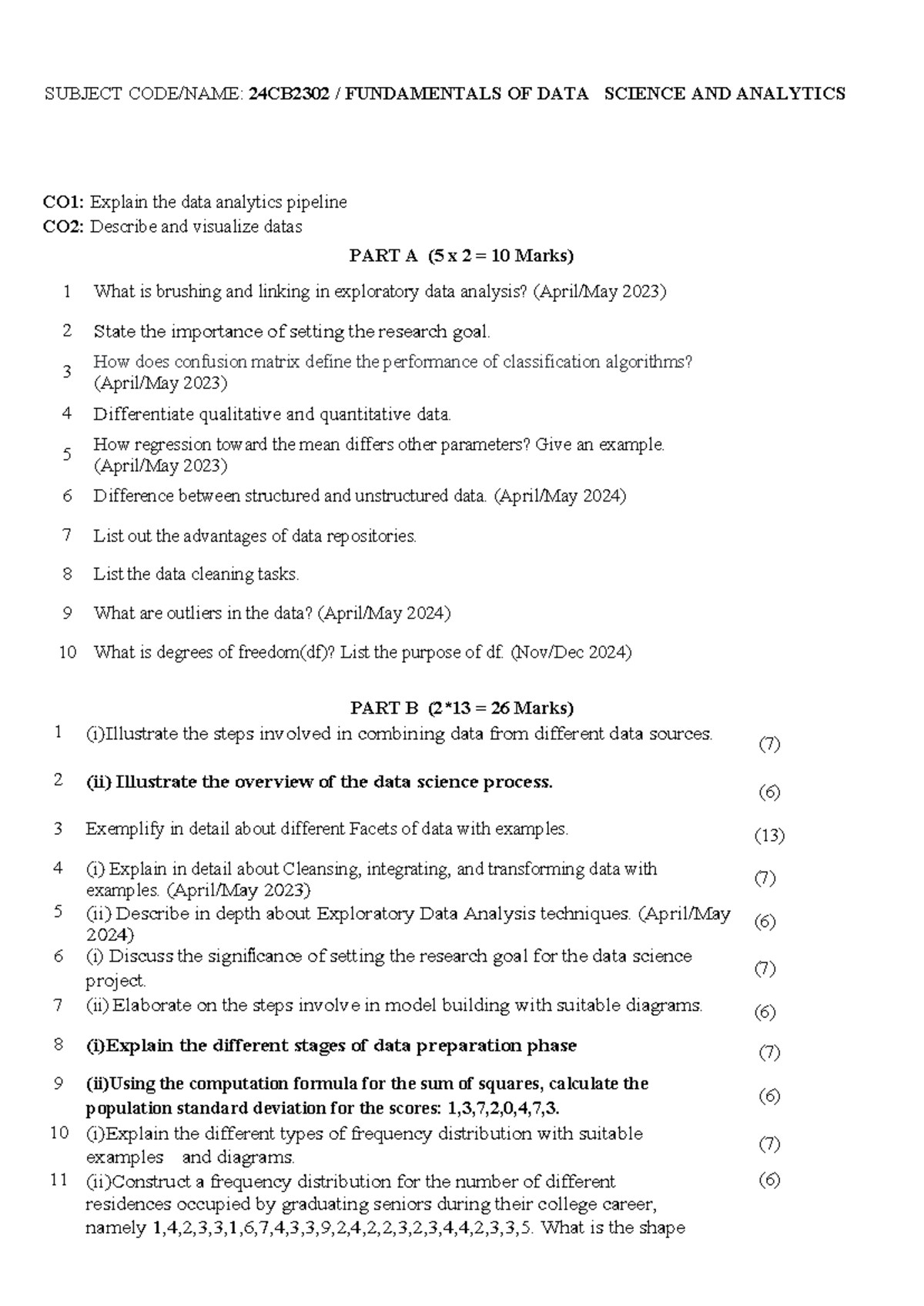 FDSA 24CB2302 Final Exam Questions on Data Science Fundamentals - Studocu