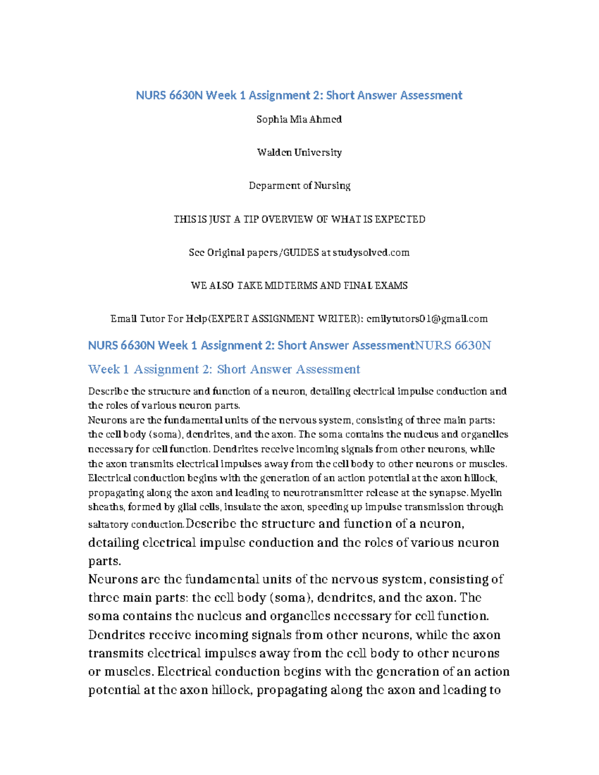 NURS 6630N Week 1 Assignment 2 Short Answer Assessment - NURS 6630N Week 1 Assignment 2: Short ...