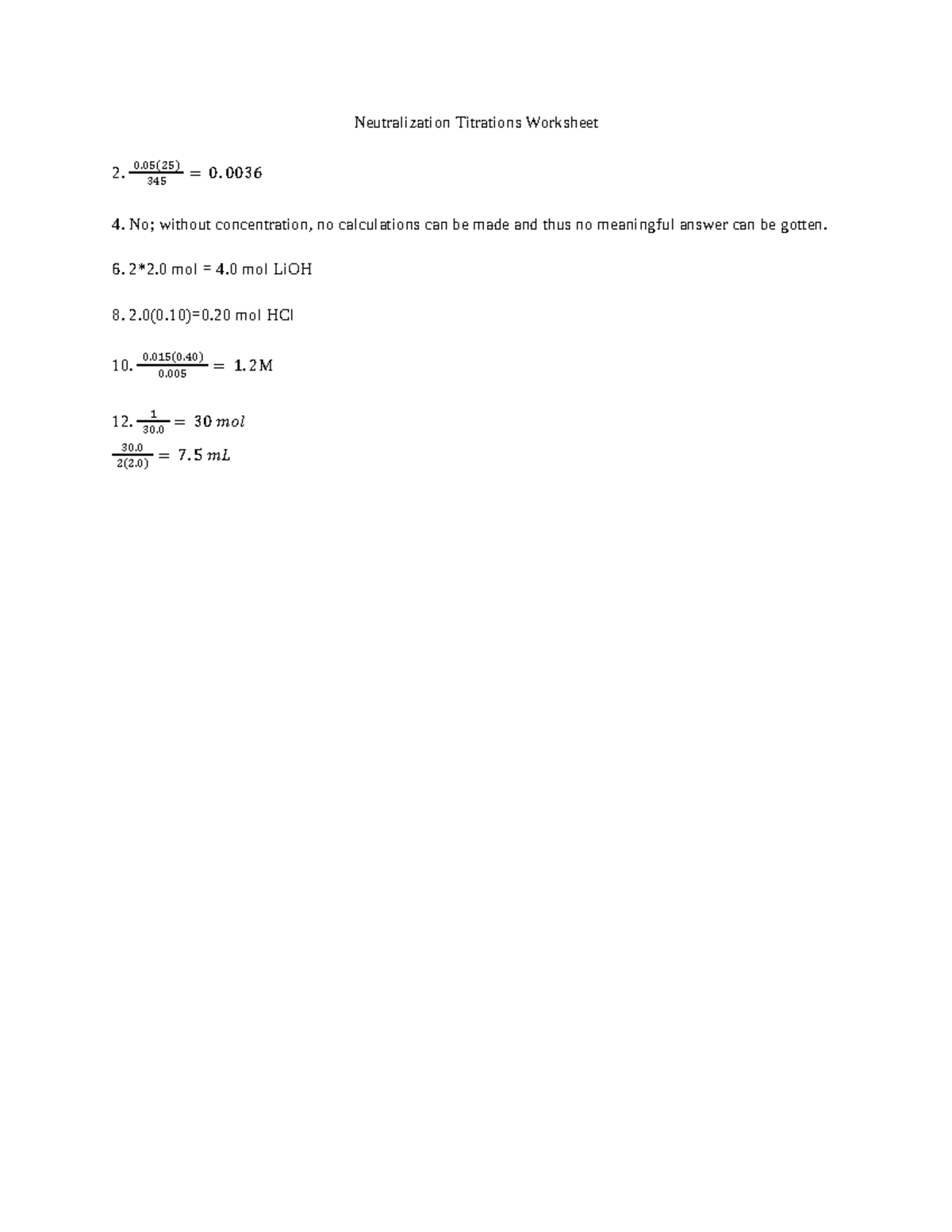 Neutralization Titrations Worksheet (Chem 101) - Studocu