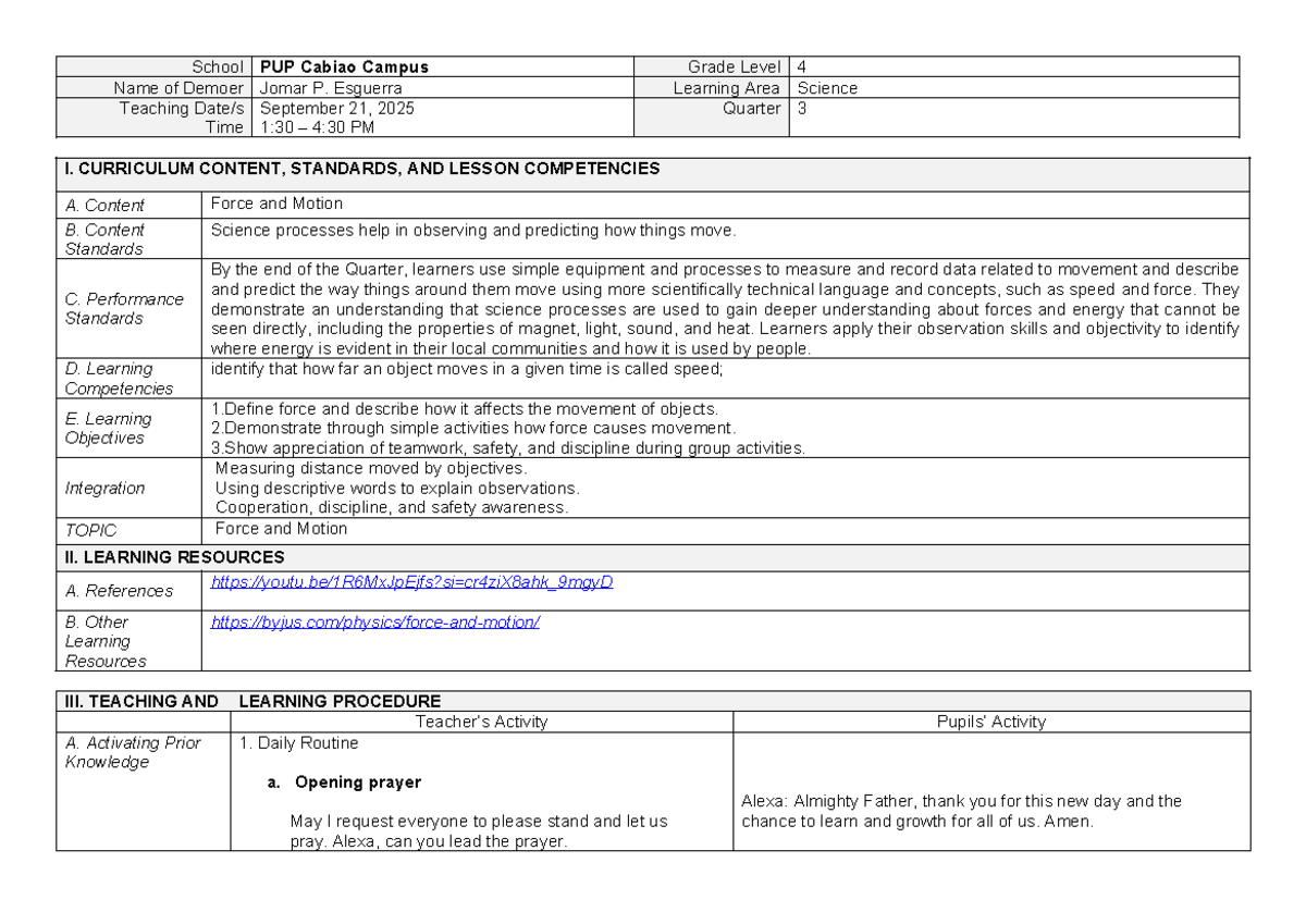 Grade 4 Science Lesson Plan: Force and Motion (Quarter 3) - Studocu