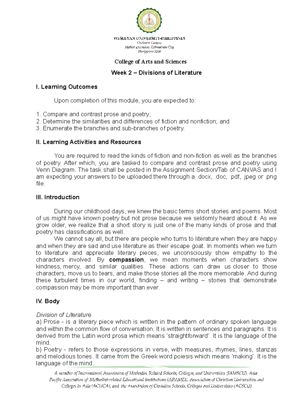 Module 2- Divisions OF Literature - College of Arts and Sciences Week 2 ...