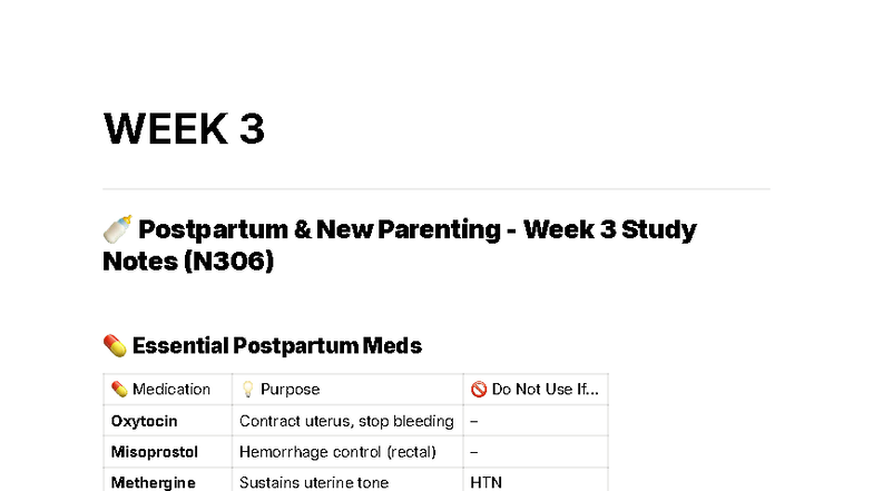 WEEK 3 Study Guide: Postpartum Care & Medications (N306) - Studocu