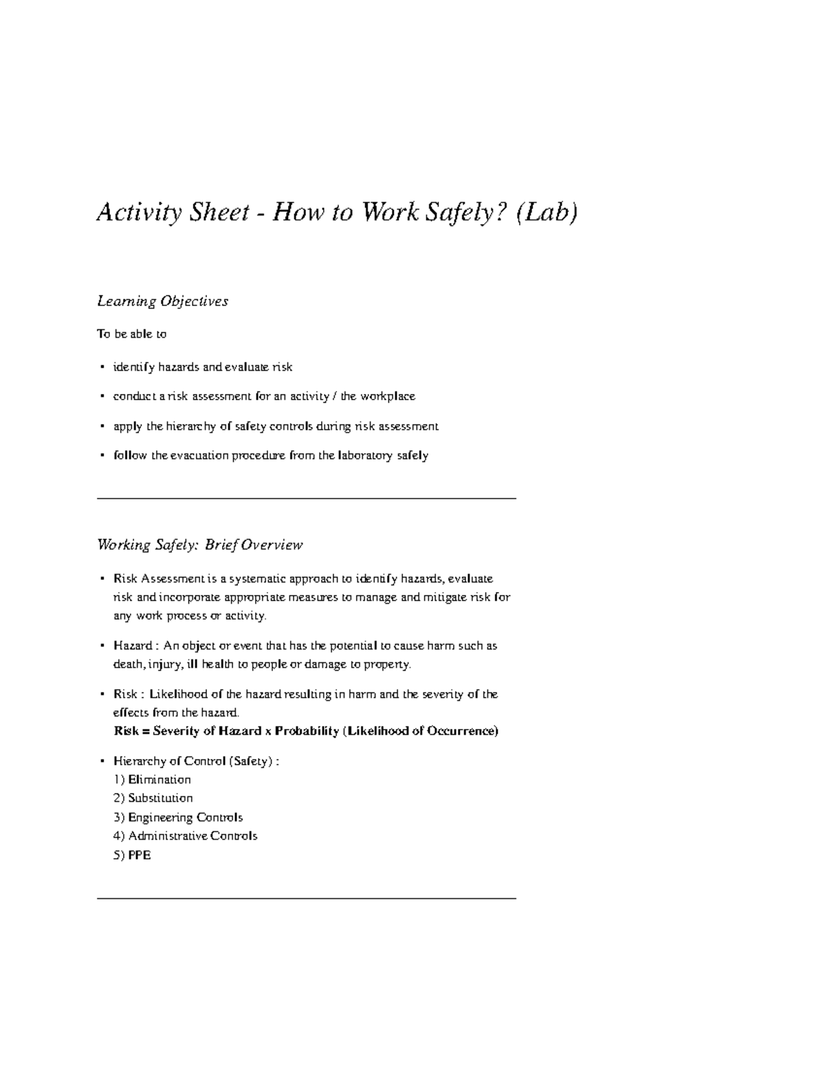 EPP1 Lab Safety Activity Sheet: Risk Assessment and Procedures - Studocu