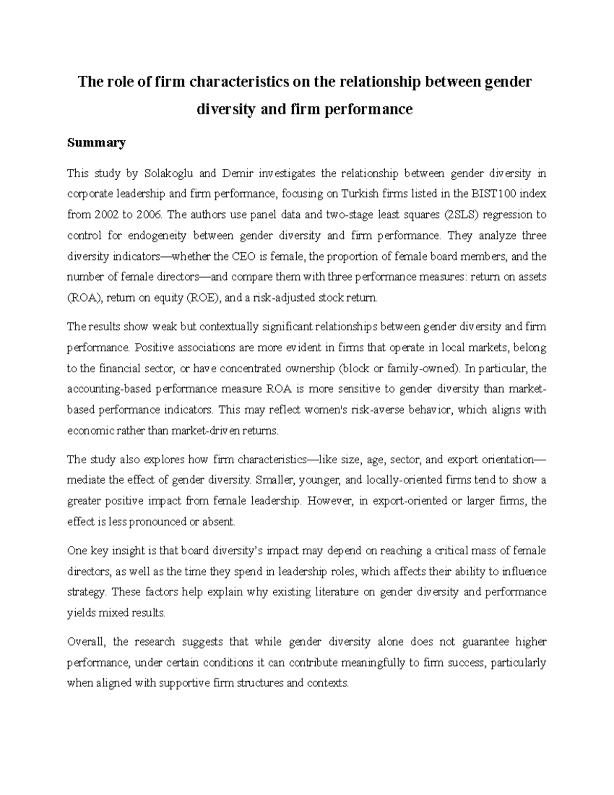 BIST100 Case Study: Gender Diversity & Firm Performance Analysis - Studocu