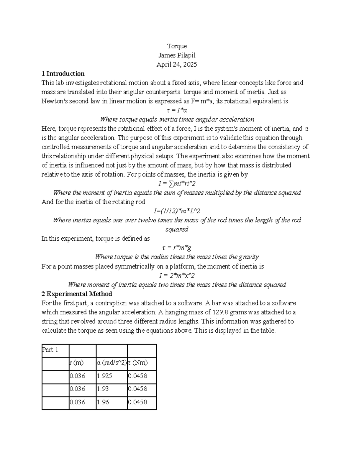 Torque Lab Report - Physics 101: Experimental Analysis of Rotational Motion - Studocu