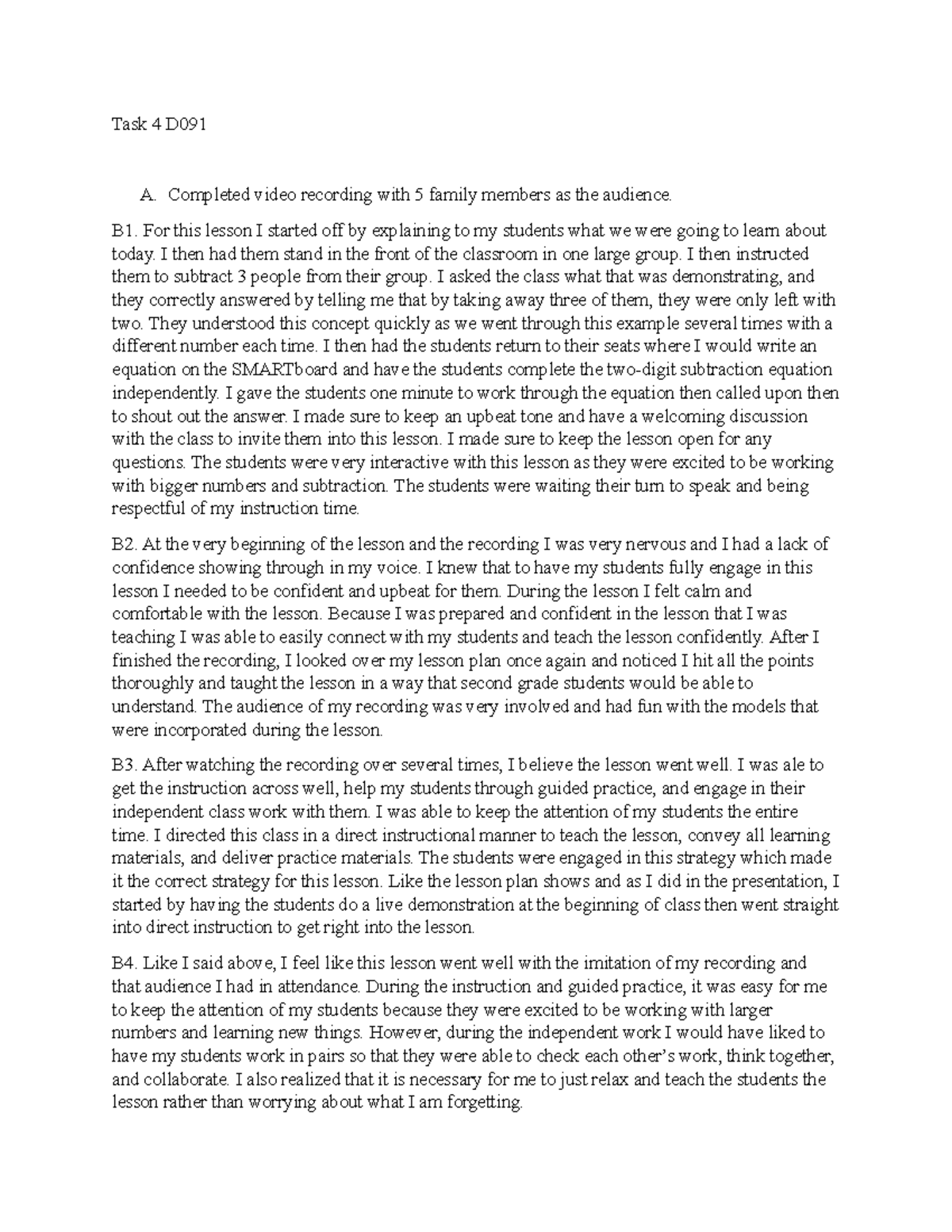 Task 4 D091 - Task 4 - Task 4 D A. Completed video recording with 5 ...