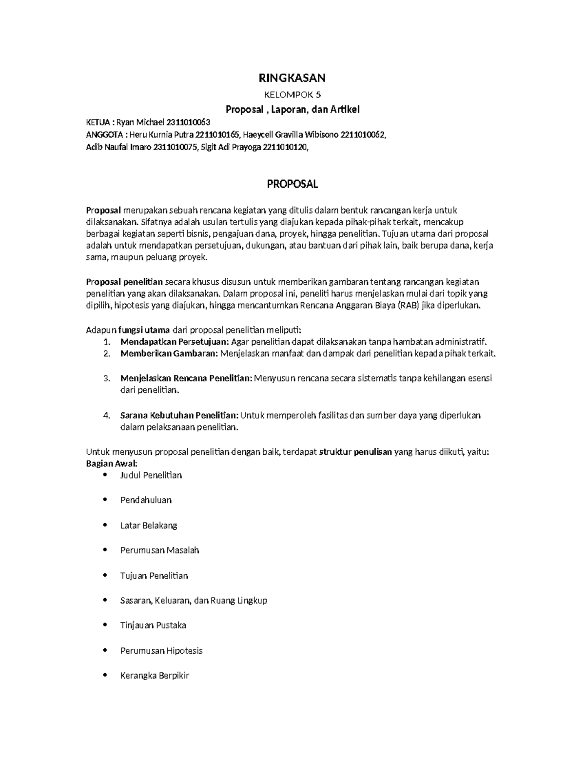 RINGKASAN Proposal dan Laporan Penelitian Kelompok 5 - 2311010063 - Studocu
