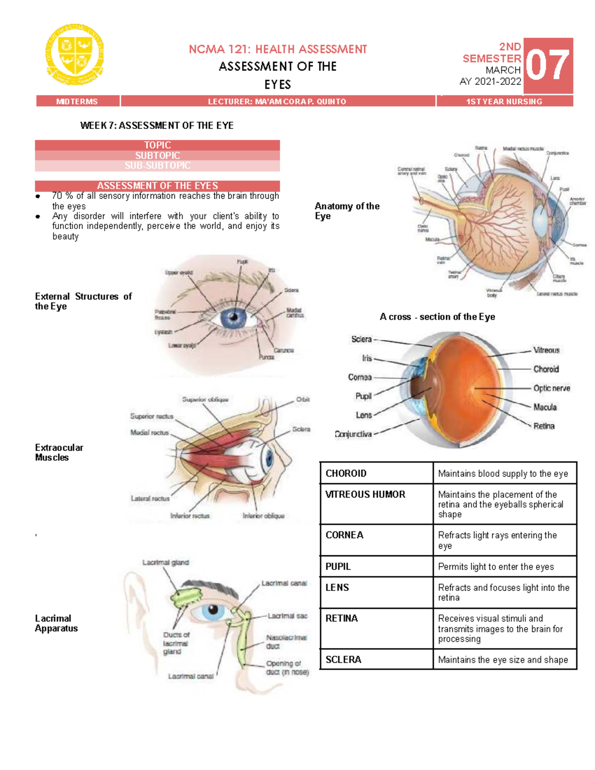 NCMA 121: Midterm Week 7 Eye Assessment Notes for 1st Year Nursing ...