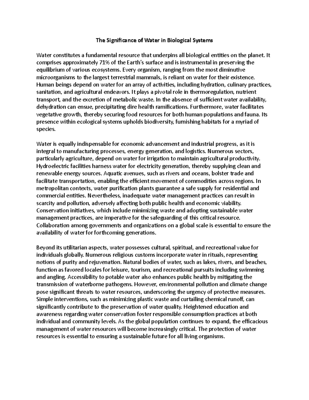 The Significance of Water in Biological Systems - It comprises ...