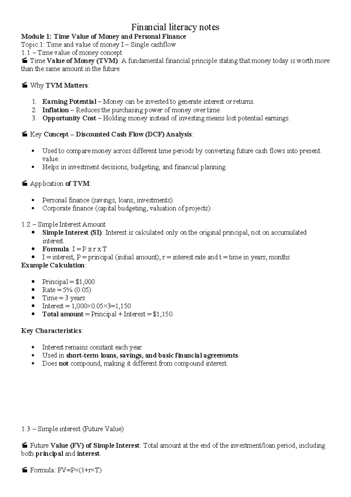 Financial Literacy Notes: Module 1-5 on Time Value of Money & Personal ...