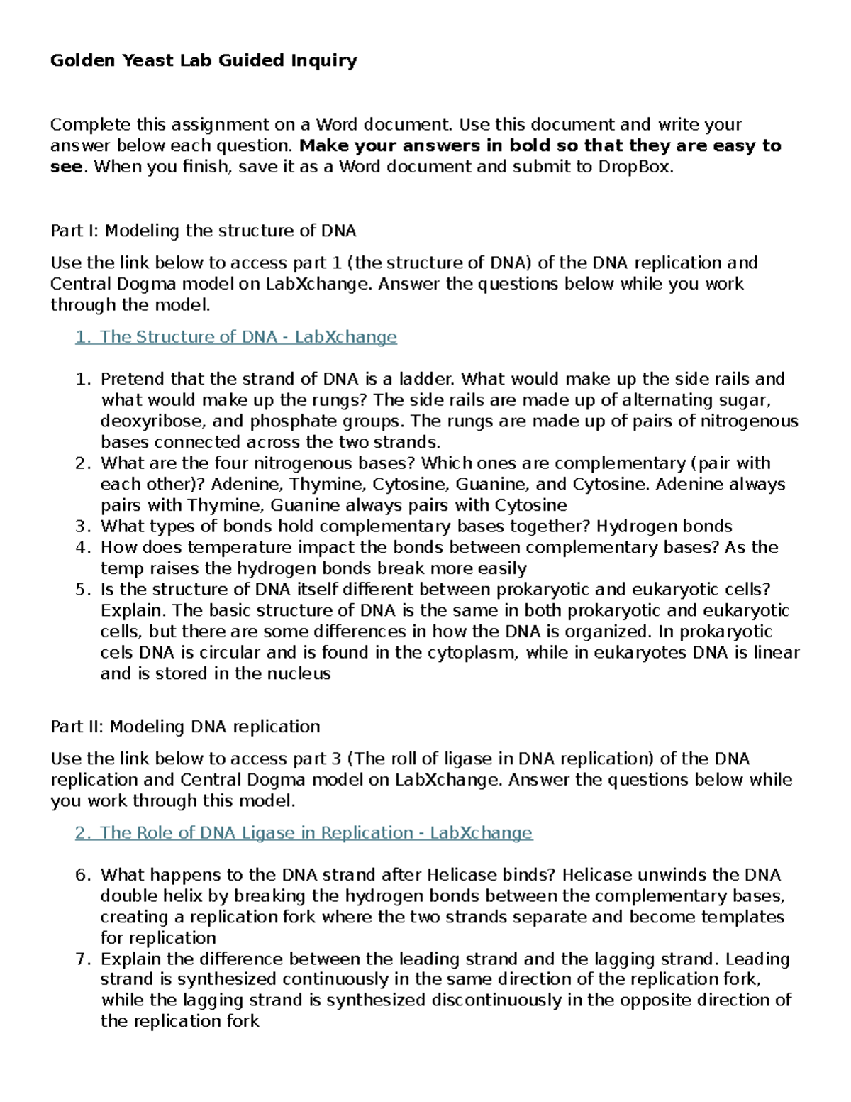 Golden Yeast Lab: DNA Structure & Replication Inquiry Guide - Studocu