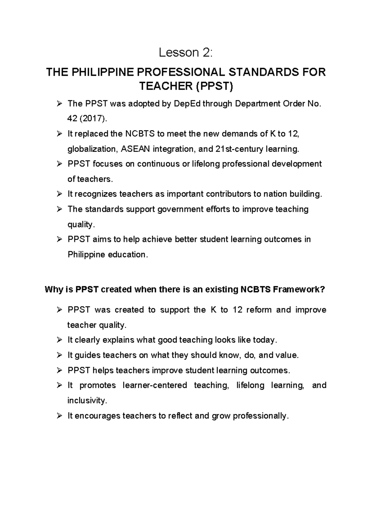 Lesson 2: PPST - Philippine Professional Standards for Teachers - Studocu