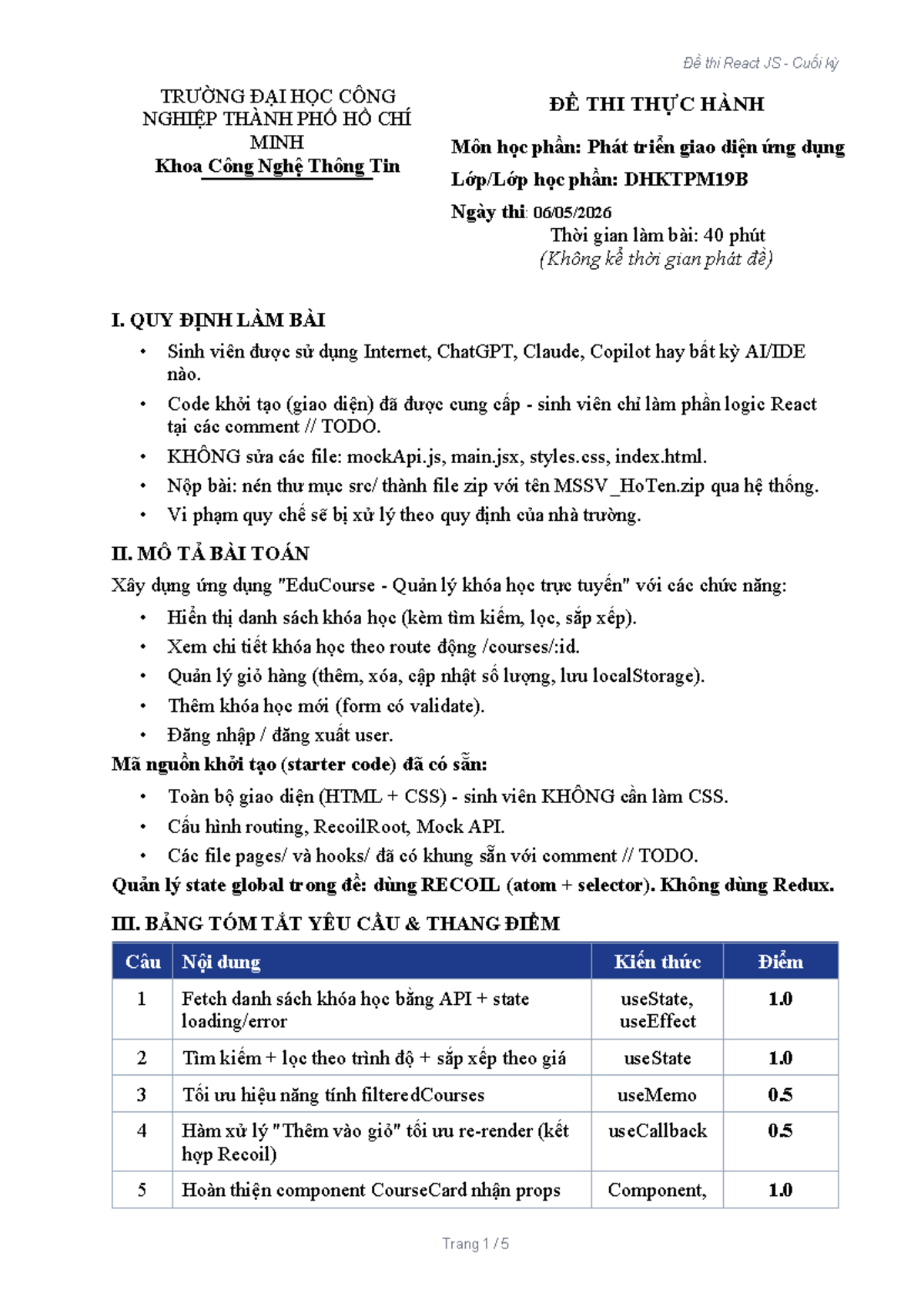 Đề thi Cuối kỳ React JS - Phát triển giao diện ứng dụng DHKTPM19B - Studocu