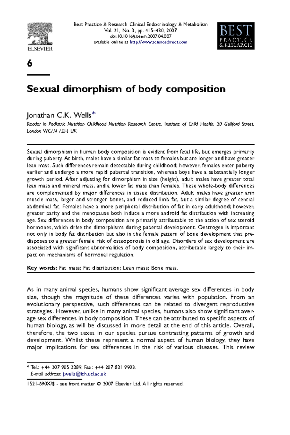 Sexual Dimorphism in Body Composition: Insights from Clinical ...