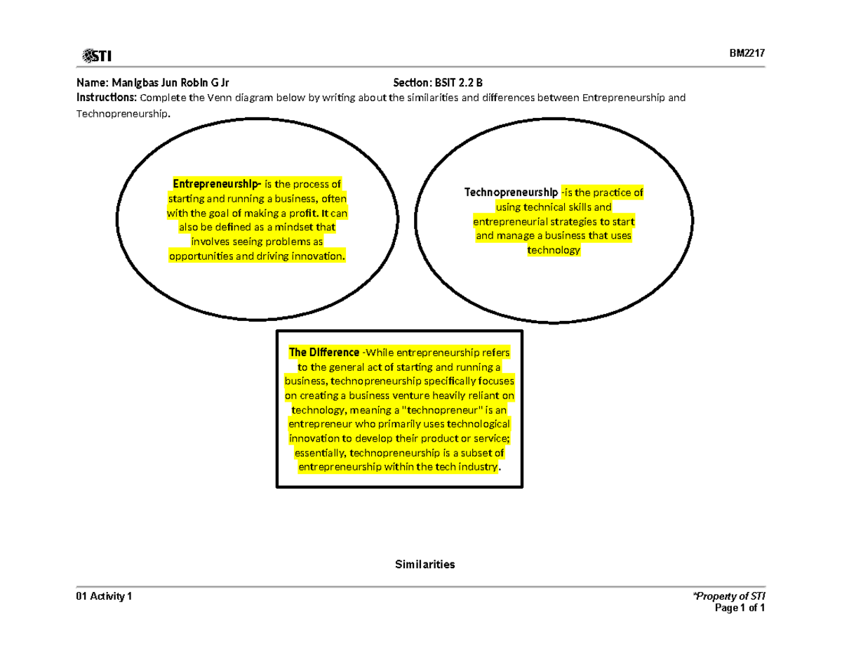 01 Activity 1 Techno Late ngayon 1 - Similarities 01 Activity 1 *Property of STI Page 1 of 1 ...