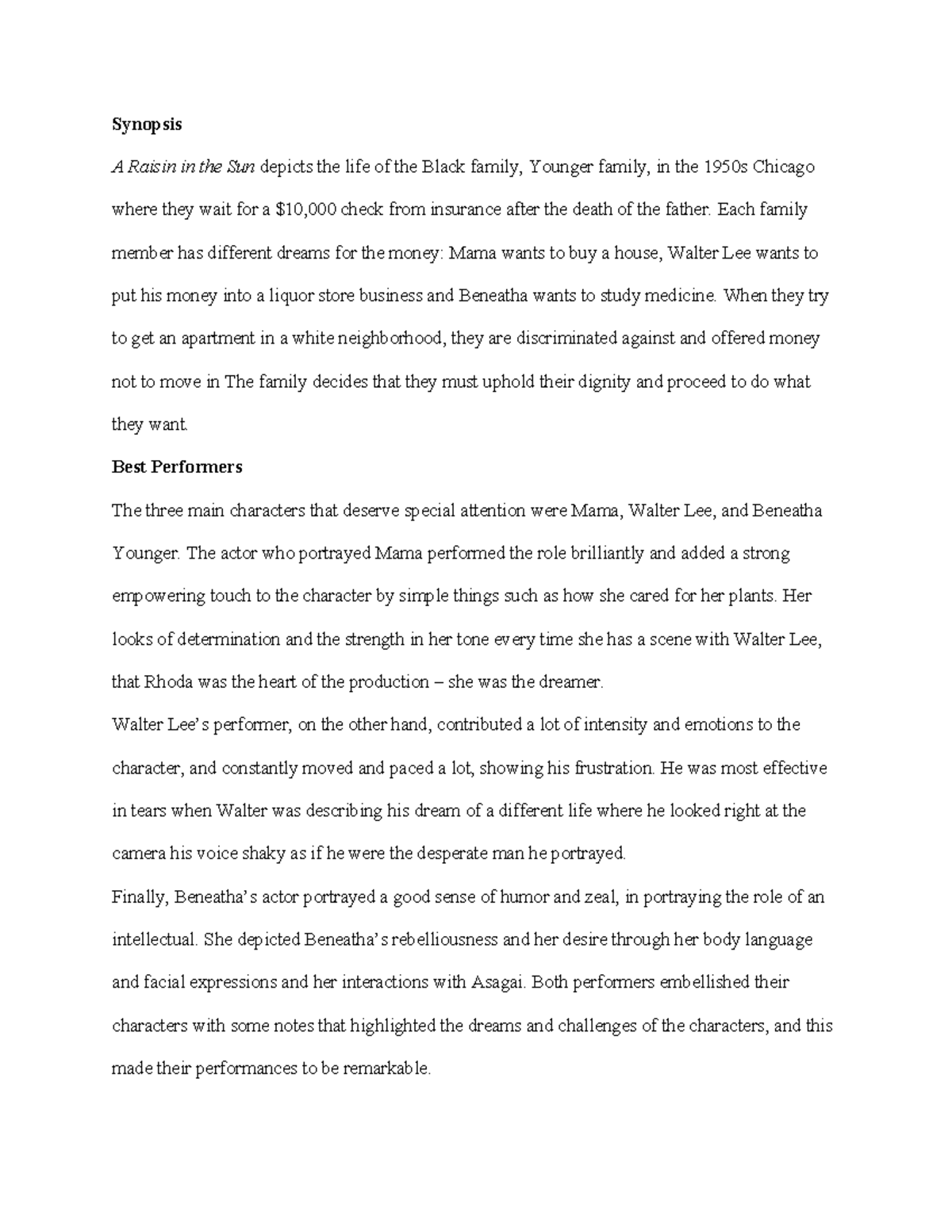 A Raisin in the Sun: Character Analysis & Production Insights - Studocu