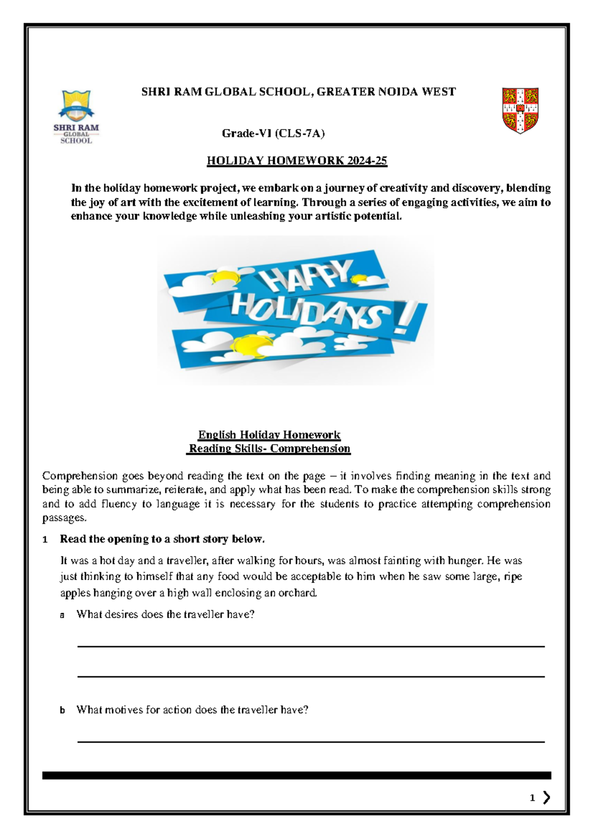Assignments for Class 6 & 7: Holiday Homework 2024-2025 - Studocu