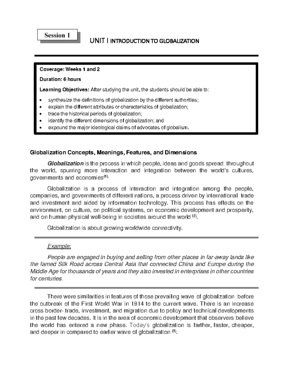 UNIT I: INTRODUCTION TO GLOBALIZATION - Concepts & Historical ...