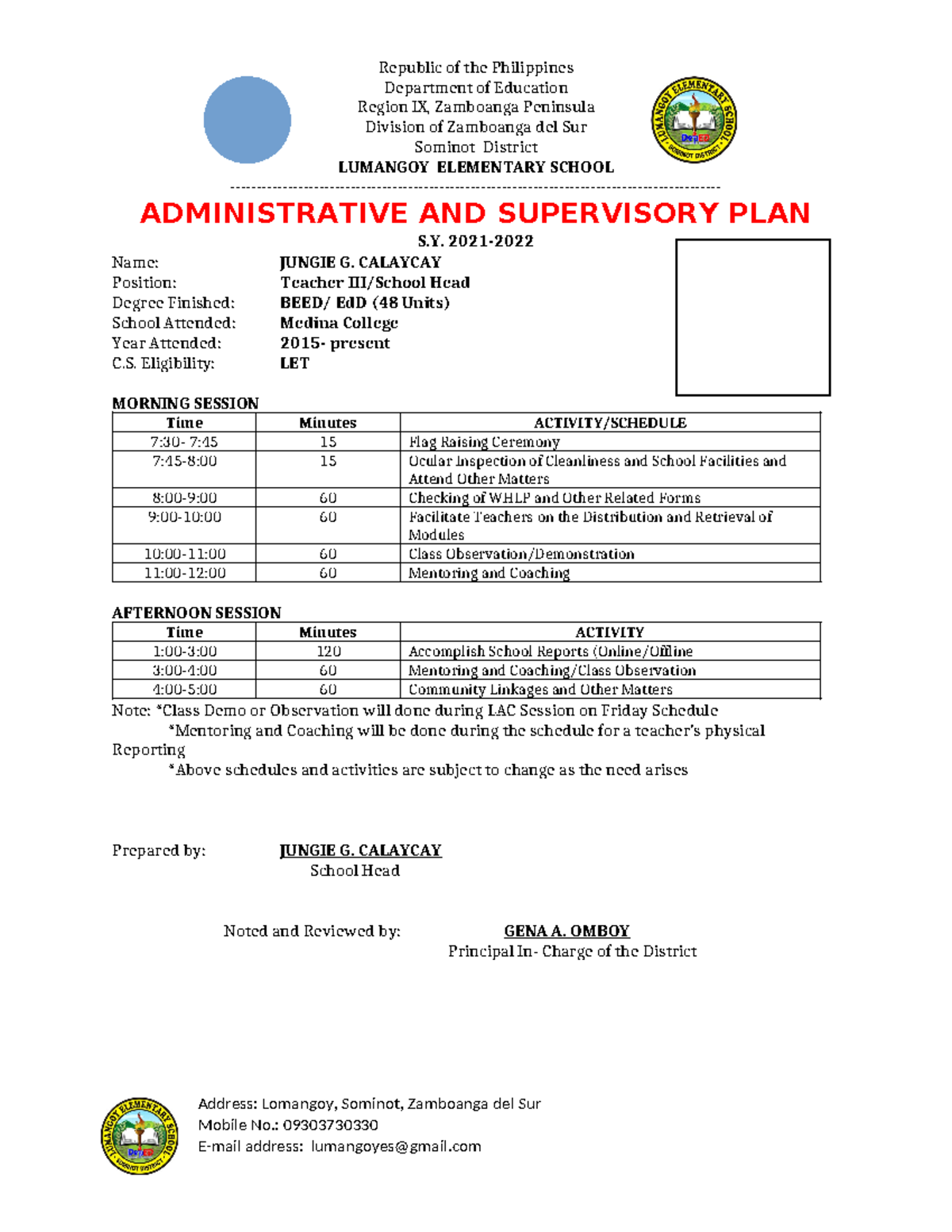 Administrative AND Supervisory PLAN - Republic of the Philippines ...