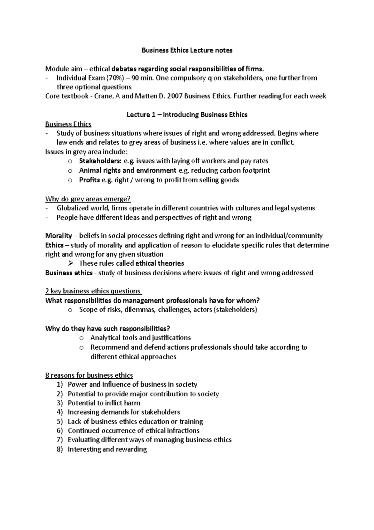 BUS 101 Business Ethics Lecture Notes on Corporate Responsibility and ...