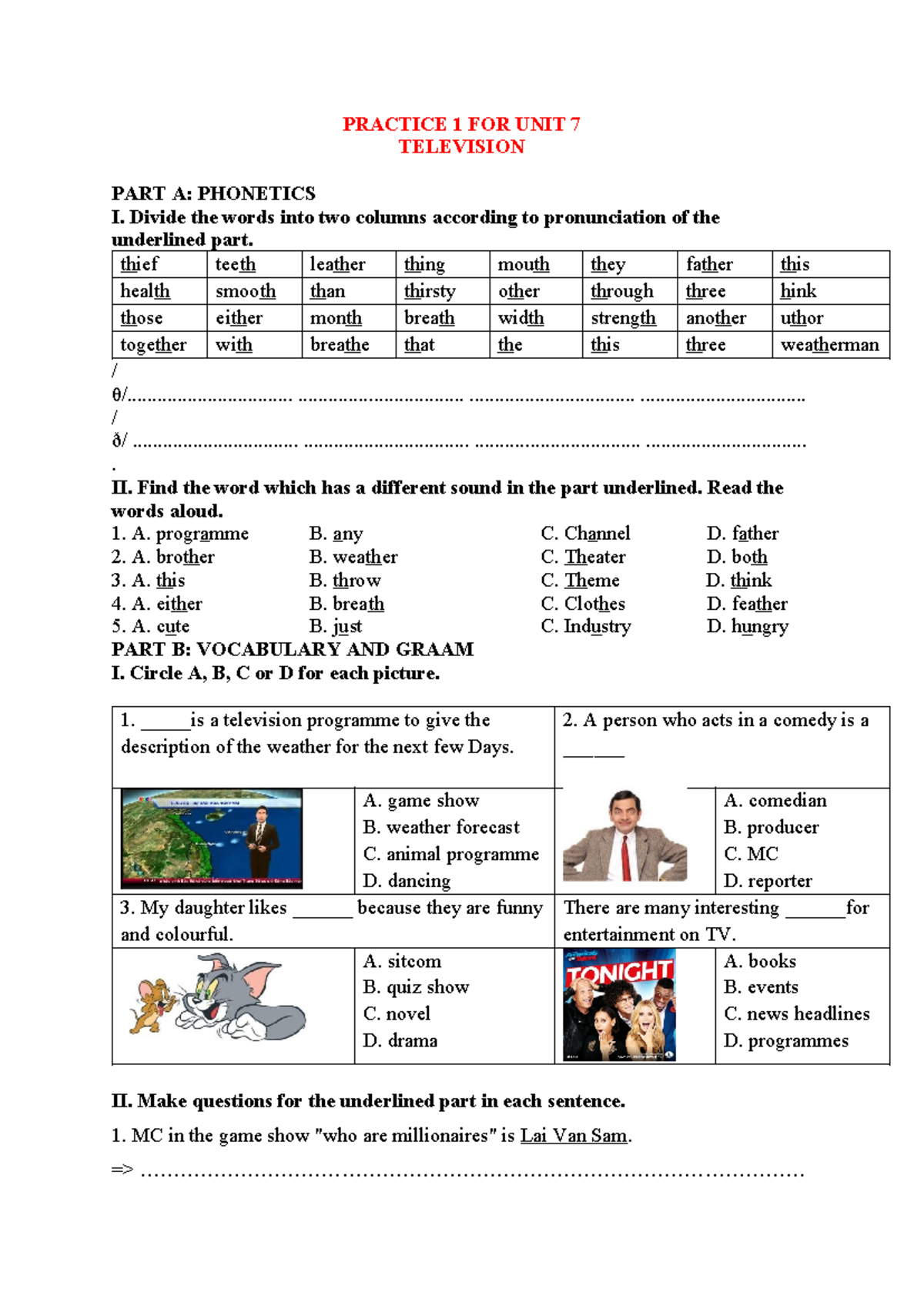Practice 1 for Unit 7: Television - Phonetics & Vocabulary Activities ...