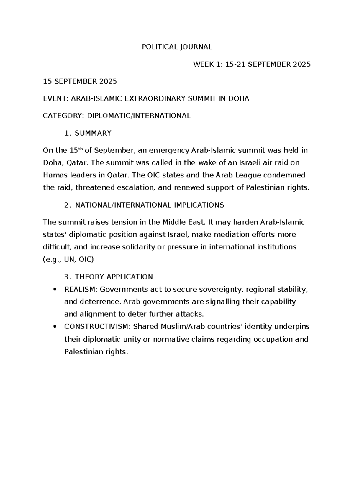 POLITICAL JOURNAL WEEK 1: SEPT 2025 - DOHA SUMMIT SUMMARY - Studocu