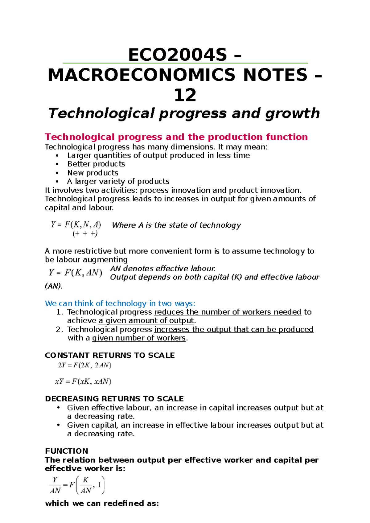 ECO2004S Midterm Notes: Chapter 12 - Tech Progress and Economic Growth ...