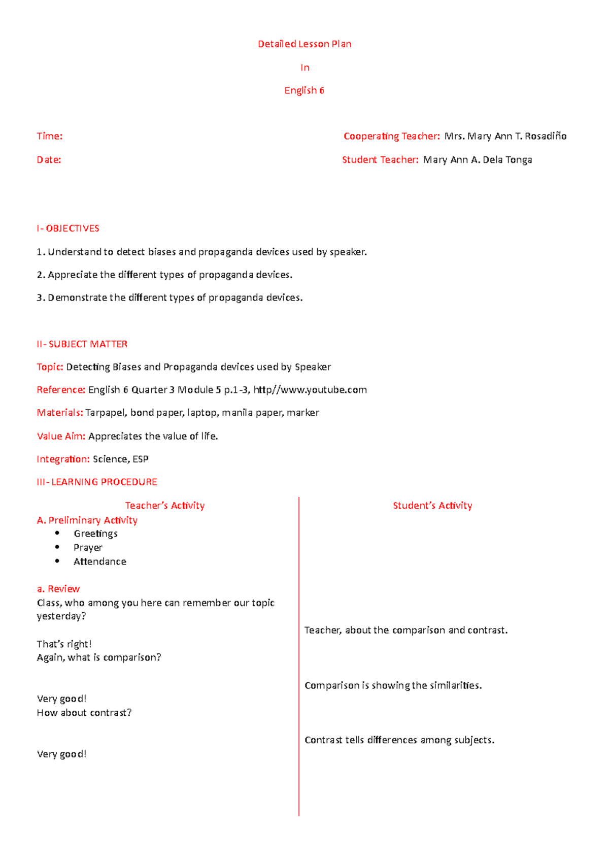 English 6 Detailed Lesson Plan on Biases & Propaganda Techniques - Studocu
