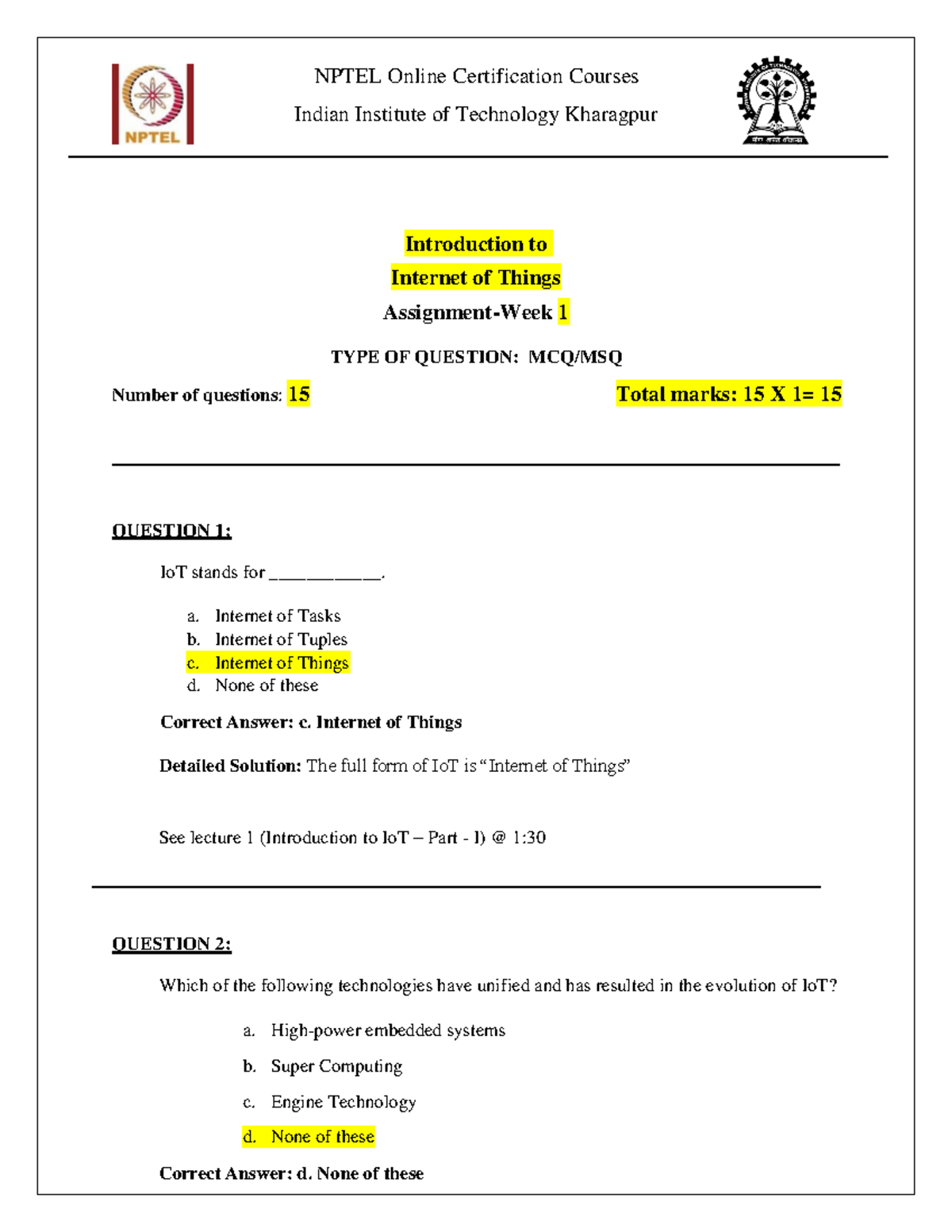 IIT Kharagpur IoT Assignment W1: MCQ Questions & Answers - Studocu