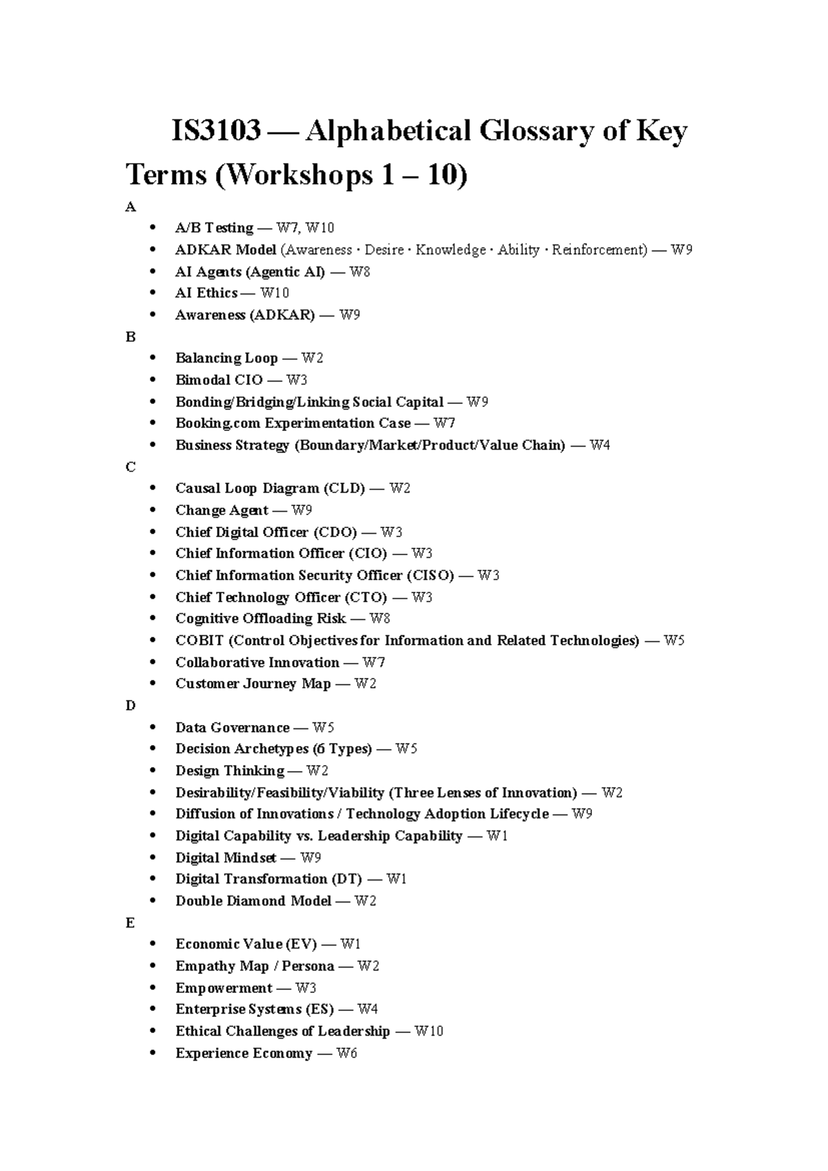 IS3103 Alphabetical Glossary of Key Terms for Workshops 1-10 - Studocu