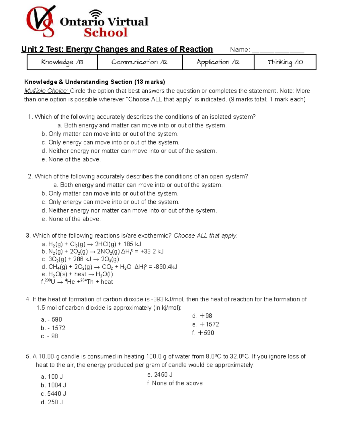 Unit 2 Test: Energy Changes and Kinetics (1713540064) - Knowledge ...