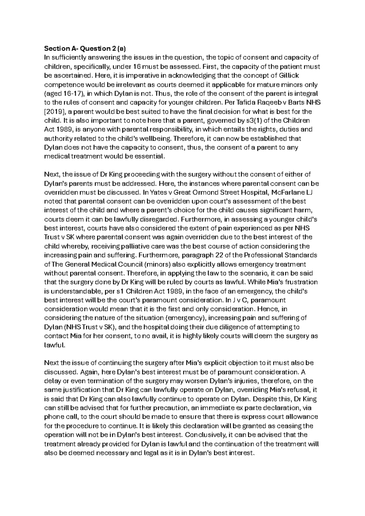 Med Law- PQ - Sample Answer: Consent & Capacity in Child Medical ...
