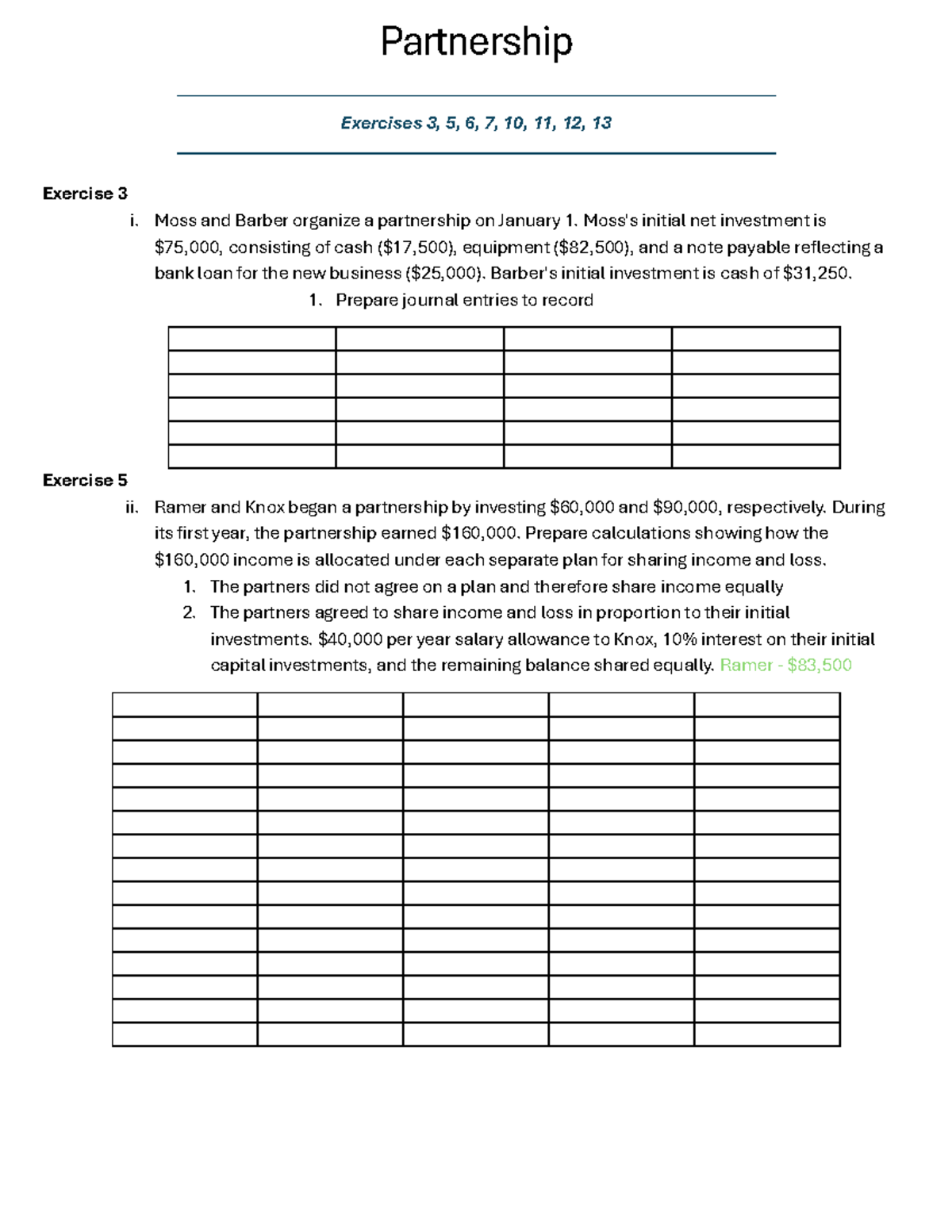 Partnership Exercises: Journal Entries & Income Allocation (Unit 2 ...