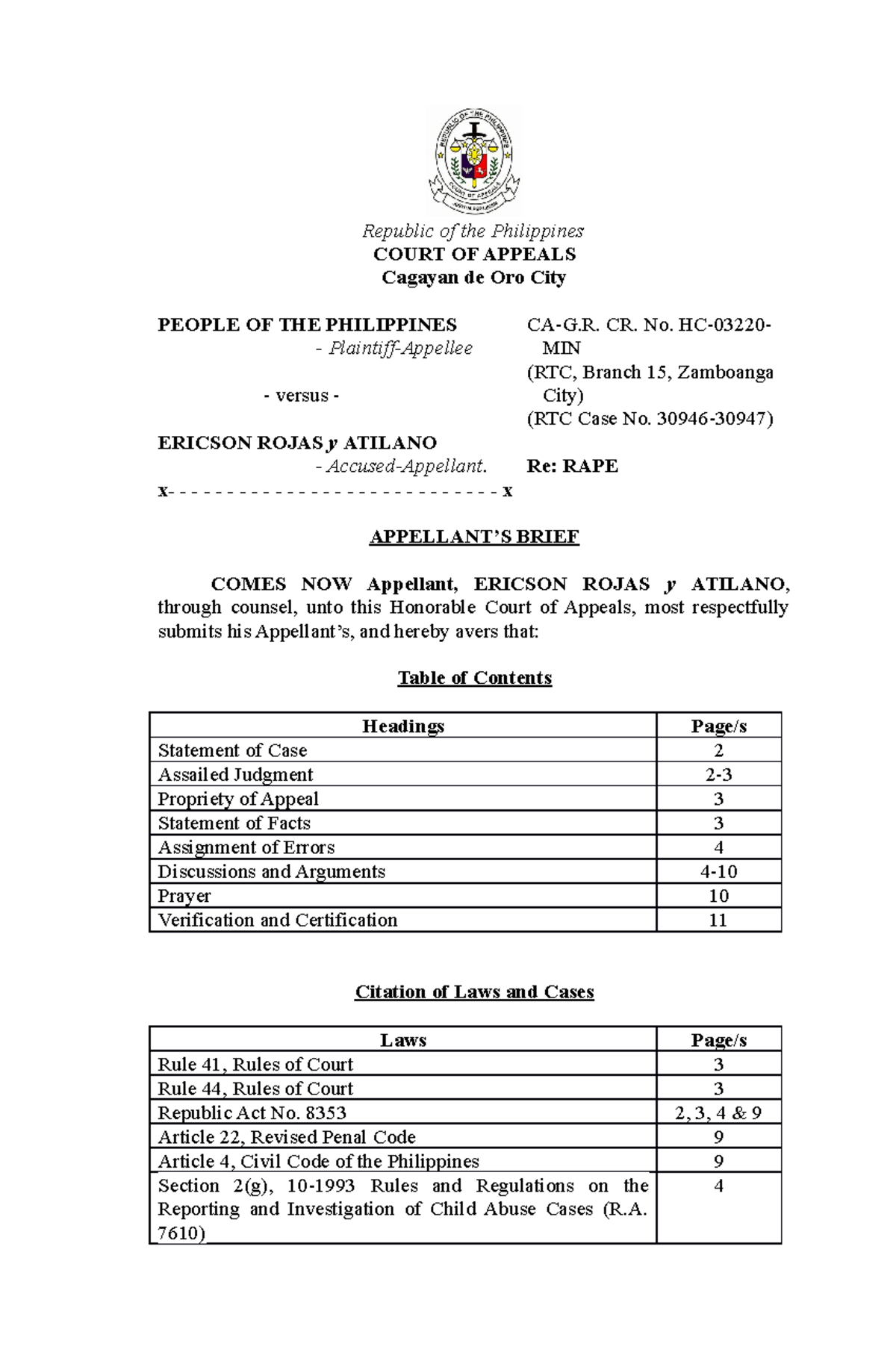 CA-G.R. CR. No. HC-03220: Appellant's Brief on Rape Case Appeal - Studocu