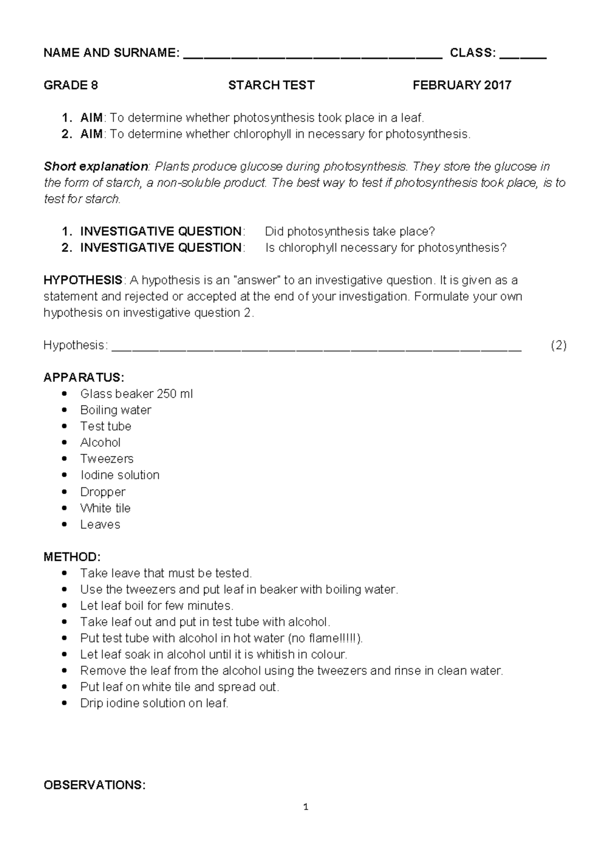 Grade 8 Starch Test: Photosynthesis & Chlorophyll Analysis - Studocu
