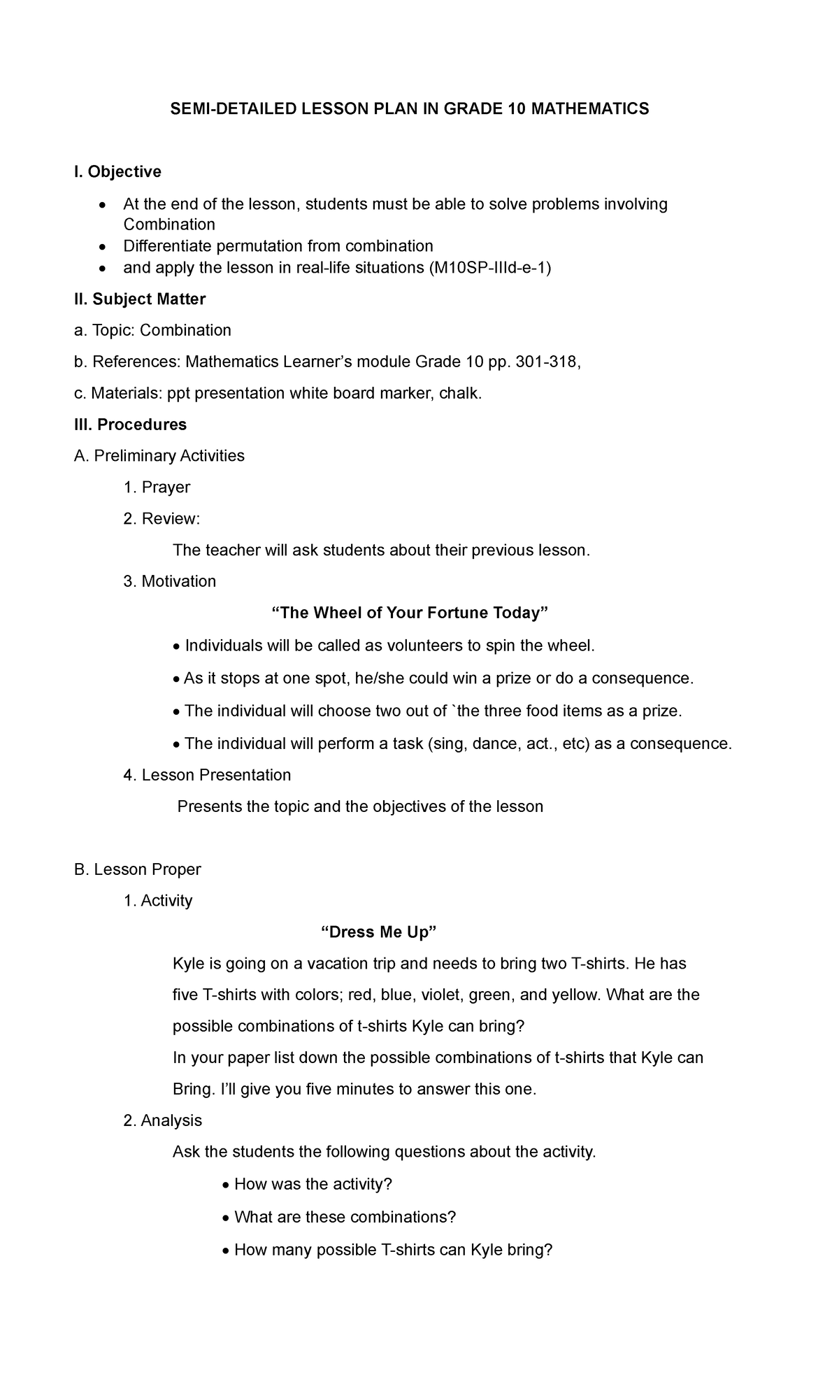 Grade 10 Mathematics Lesson Plan: Combinations (M10SP-IIId-e-1) - Studocu