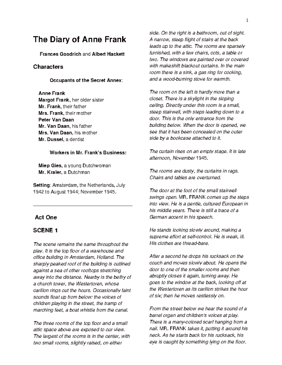Act 1 Scene 1 Summary of 'The Diary of Anne Frank' (Drama 101) - Studocu