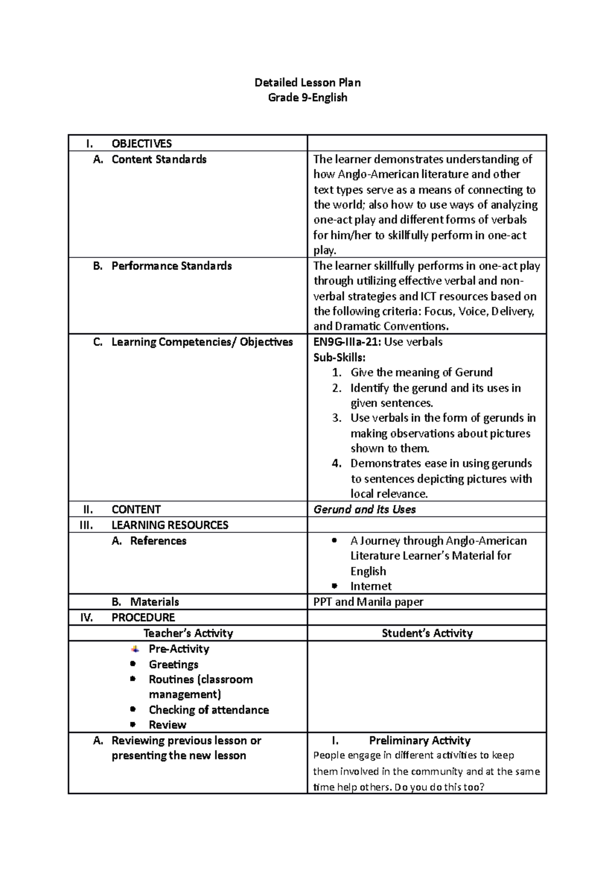 Detailed Lesson Plan-gerund - Detailed Lesson Plan Grade 9-English I ...