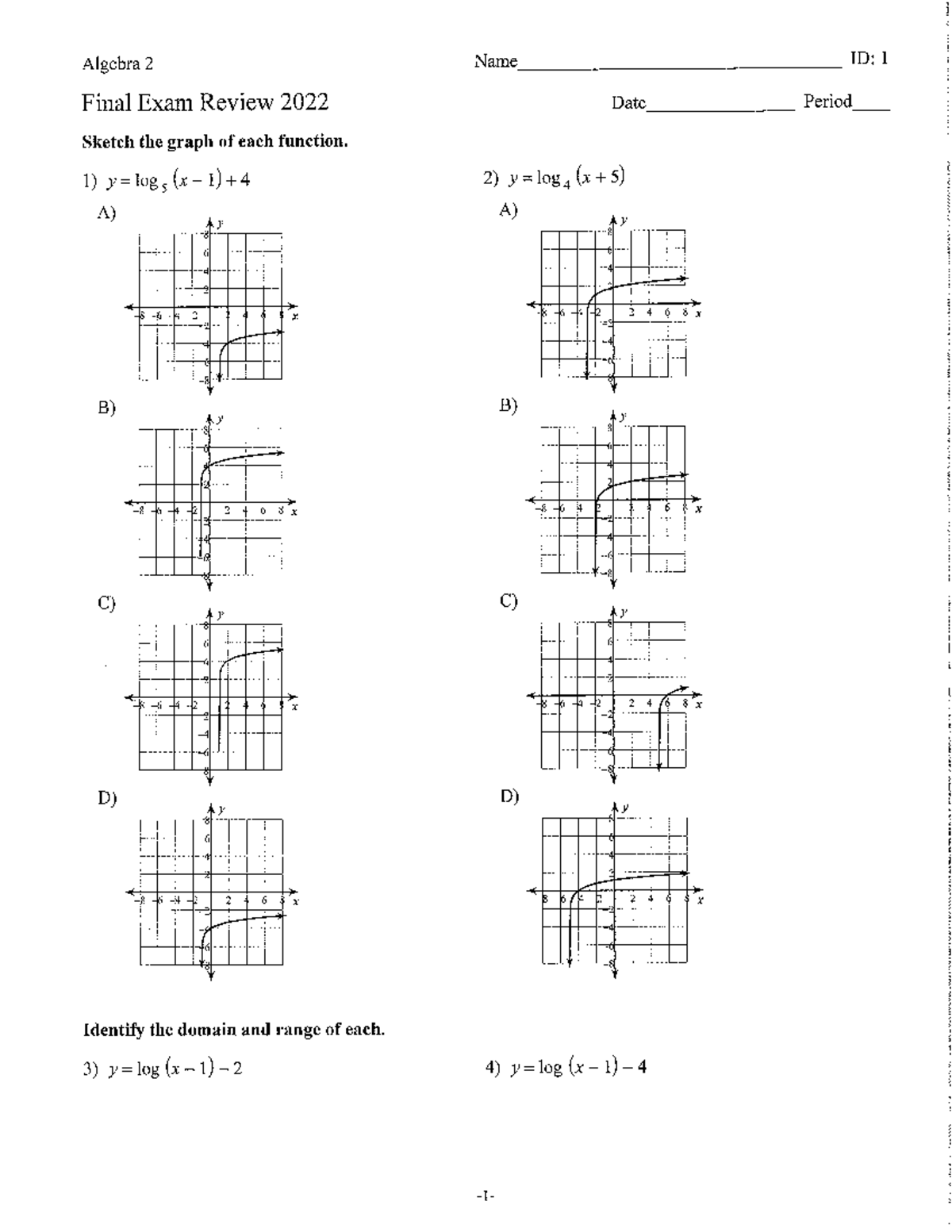 ALG 2 Hfinal Review WITH Answers 2022 - Algebra 2 Name ID: 1 Final Exam Review 2022 Date Period ...