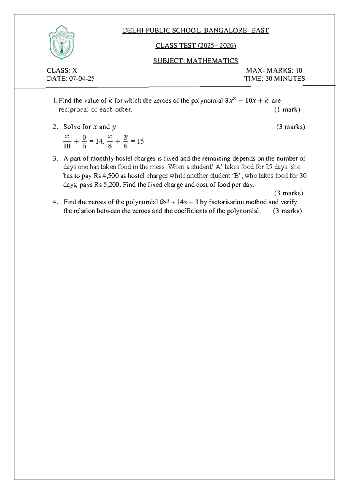 DPS East Class X Math Test 2026: Polynomials & Solutions - Studocu