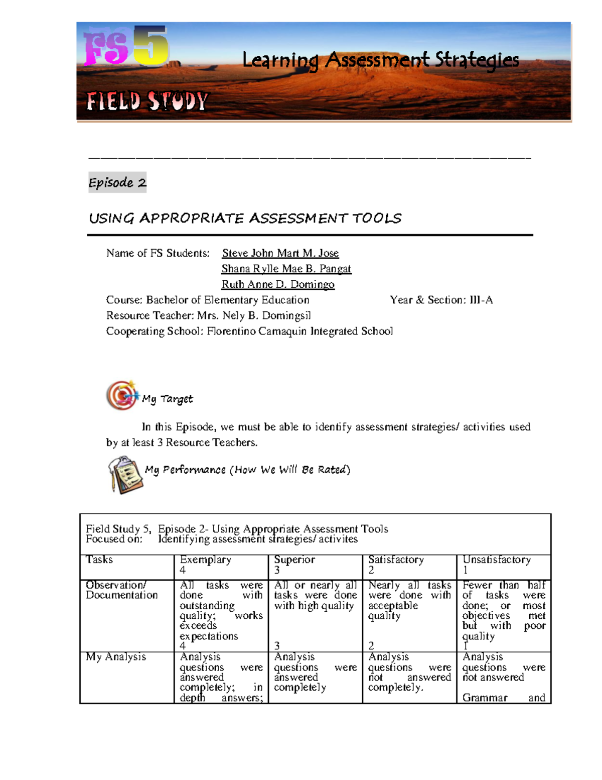 Field Study 5 - Episode 2: Assessment Strategies & Tools - Studocu