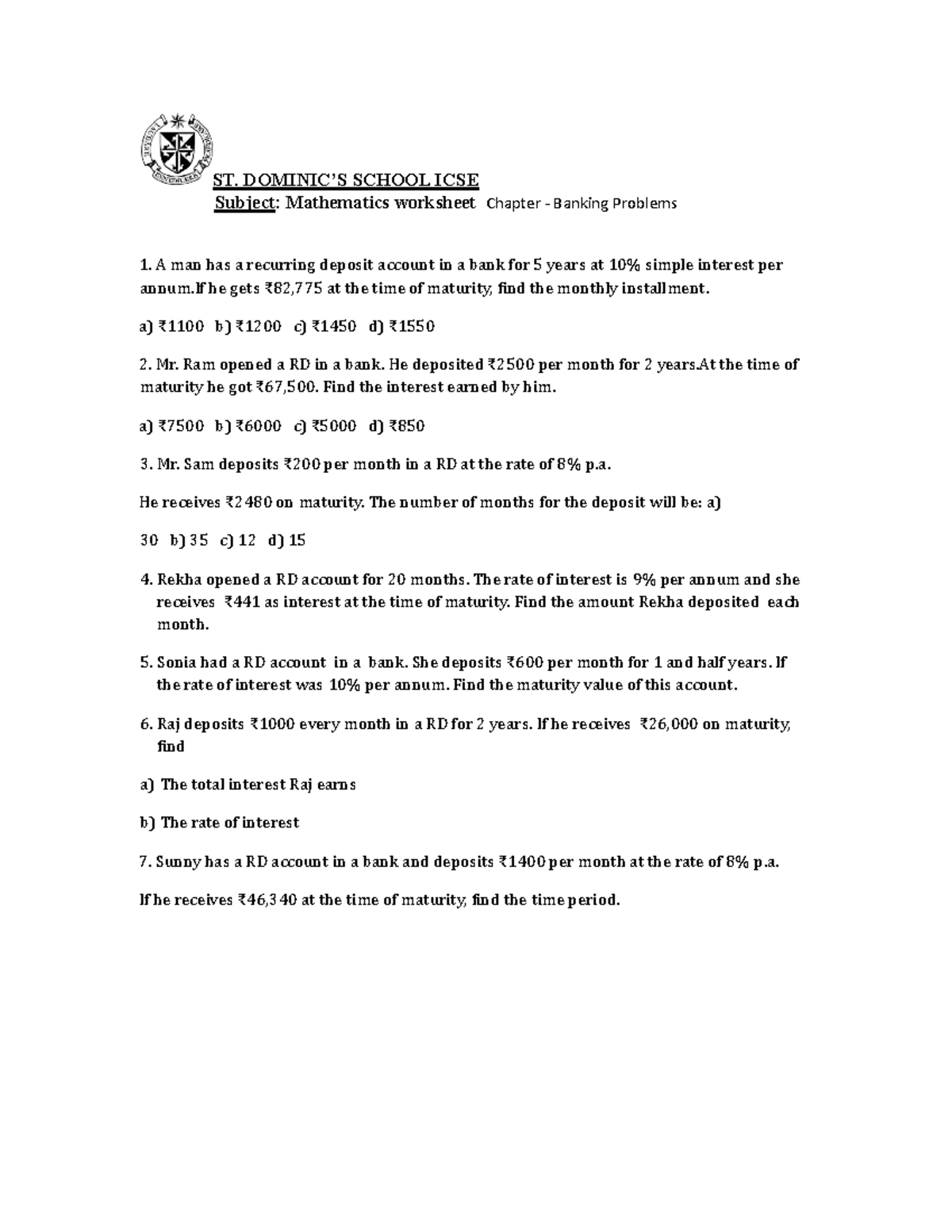 Mathematics Worksheet: Banking Problems - ICSE ST. SCHOOL - Studocu