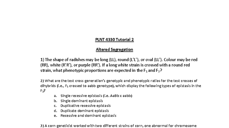PLNT 4330 Tutorial 2: Genetic Crosses and Phenotypic Analysis - Studocu