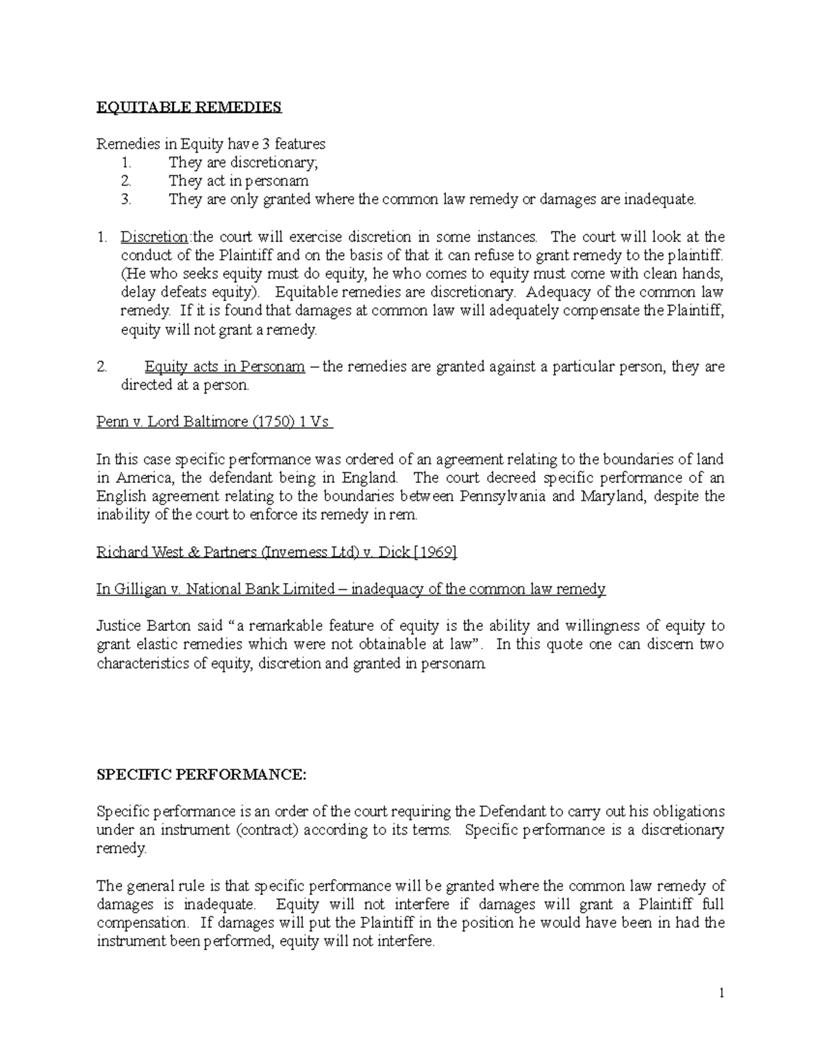 Equitable Remedies: Discretionary Relief & Specific Performance ...