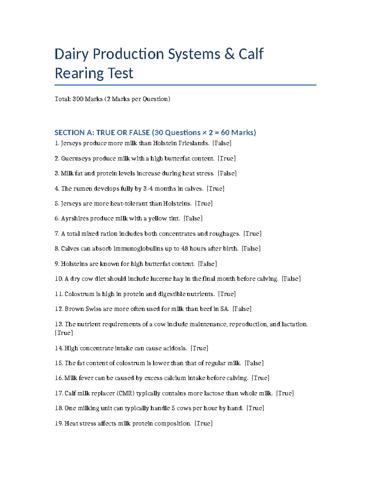Dairy Production Systems Calf Rearing Test & Memo (300 Marks) - Studocu
