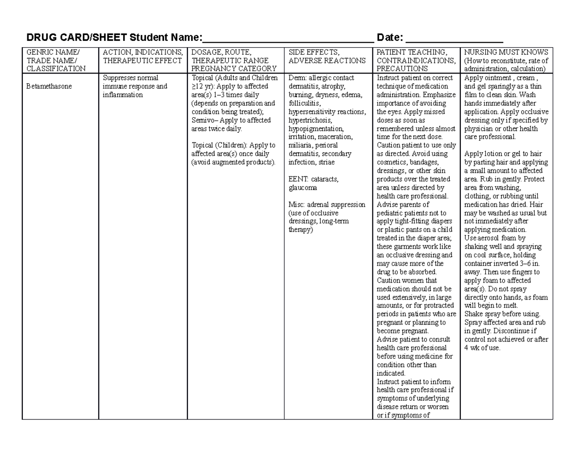 Betamethasone - drug card - DRUG CARD/SHEET Student Name ...