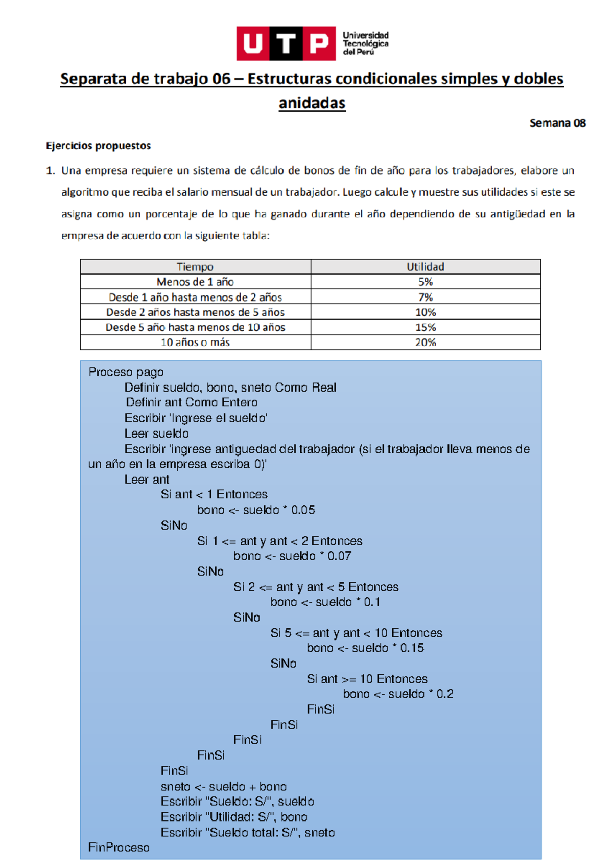 Tarea Principio de Algoritmos S8 - Proceso pago Definir sueldo, bono, sneto Como Real Definir ...