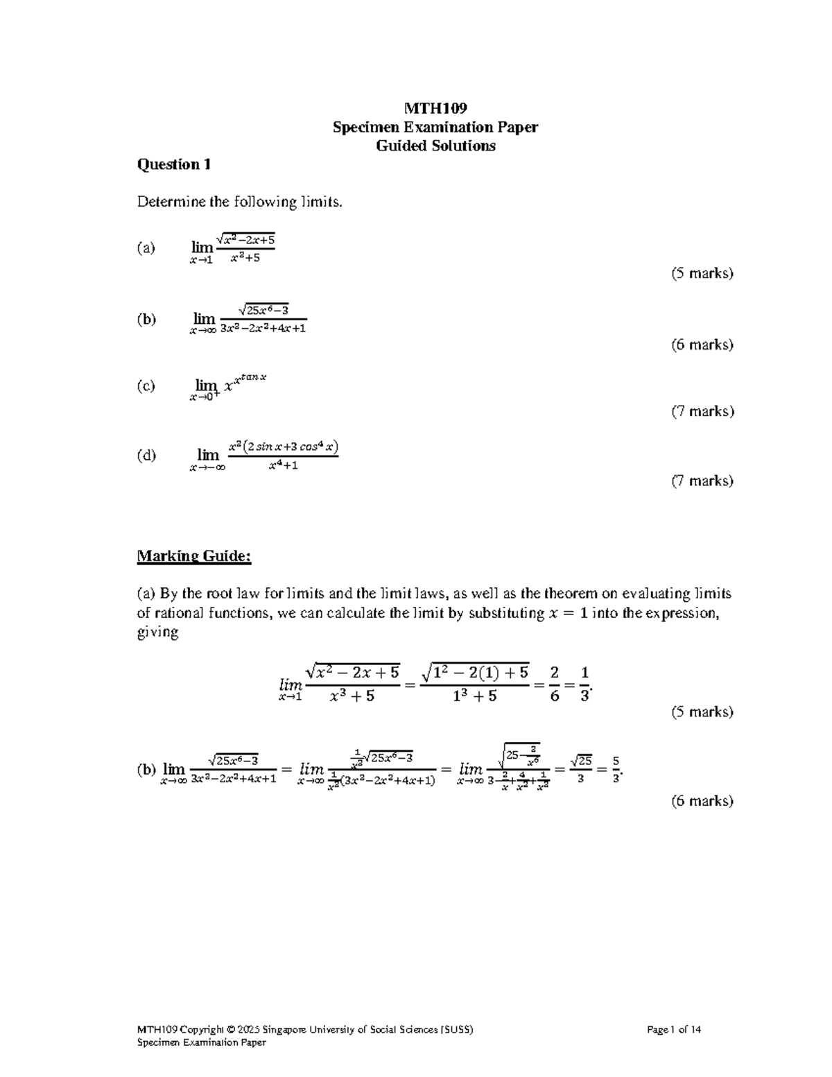 MTH109 Specimen Exam Paper Marking Guide and Solutions - Studocu