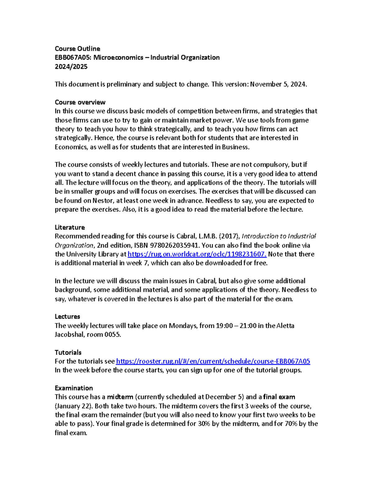 EBB067A05: Course Outline for Microeconomics - Industrial Organization ...